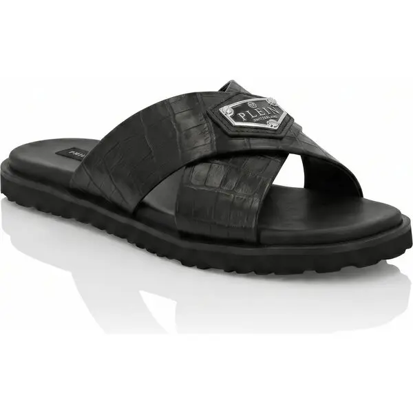 Philipp Plein Croc Effect Leather Criss-cross Strap Slides - Black