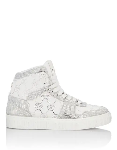 Philipp Plein High Top Sneakers Carson Monogram Strass - White