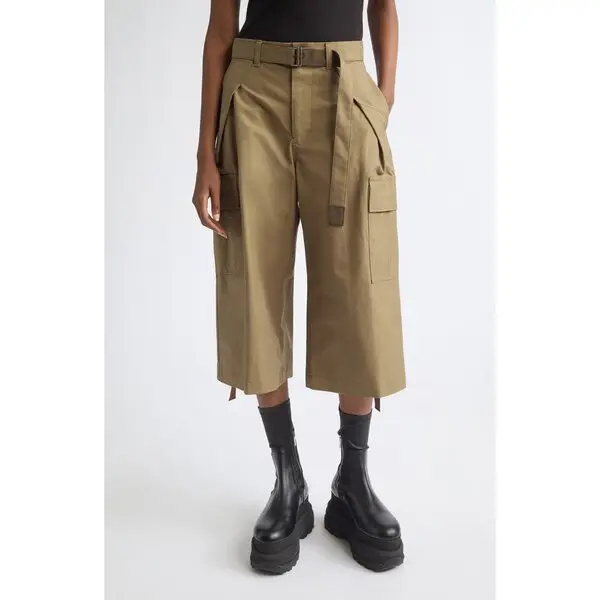 Sacai Weather Coated Cotton Twill Cargo Wide Leg Crop Pants - Beige