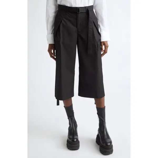 Sacai Weather Coated Cotton Twill Cargo Wide Leg Crop Pants - Black