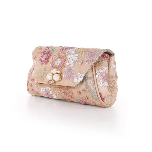 Badgley Mischka Ophelia Floral Sequin Clutch With Pearl Brooch