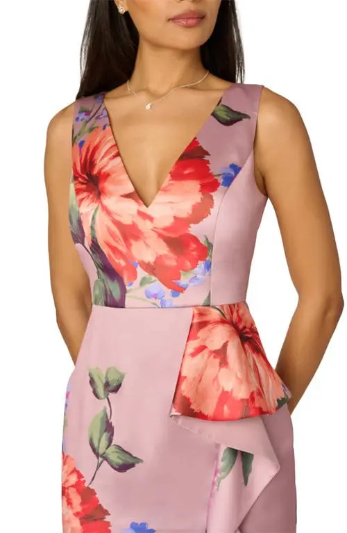 Adrianna Papell Floral Waterfall Ruffle Mikado Gown