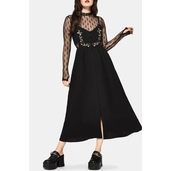DISTURBIA Abundance Cotton Floral Embroidered Midi Dress - Black
