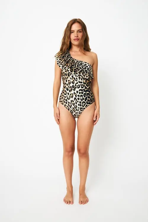 CRAS Naja One Shoulder Ruffle Swimsuit - Urban Leopard