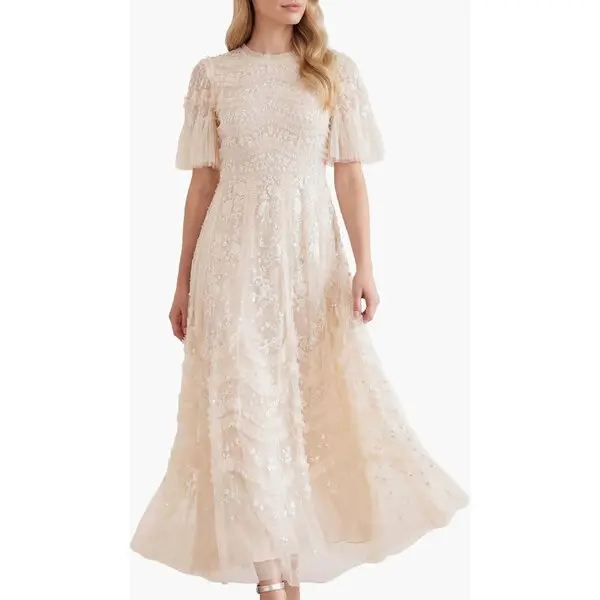 NEEDLE & THREAD Gianna Ruffle Short Sleeve Maxi Gown - Cream
