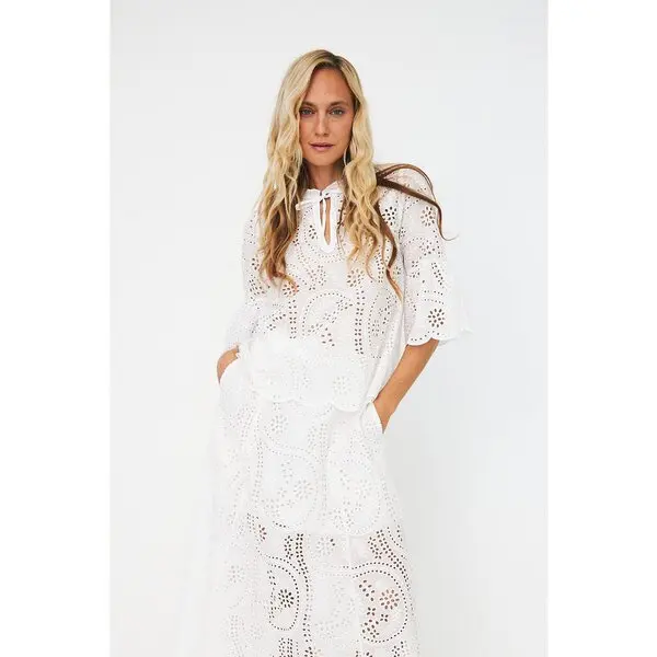 CRAS Briza Eyelet Tie Neck Blouse