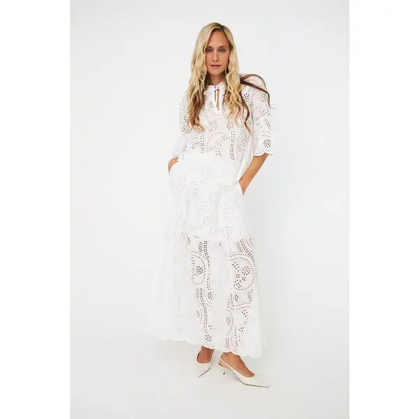 CRAS Eyelet Tie Neck Blouse With Scalloped Hems