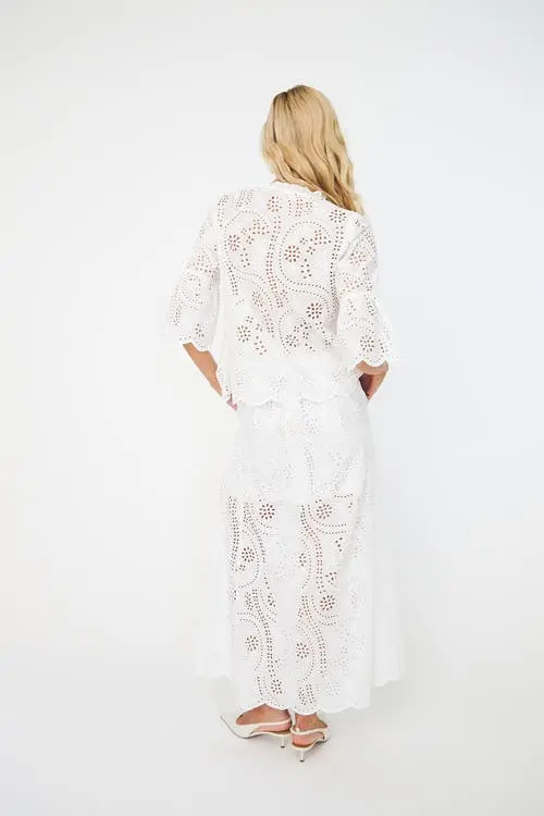CRAS Eyelet Tie Neck Blouse With Scalloped Hems