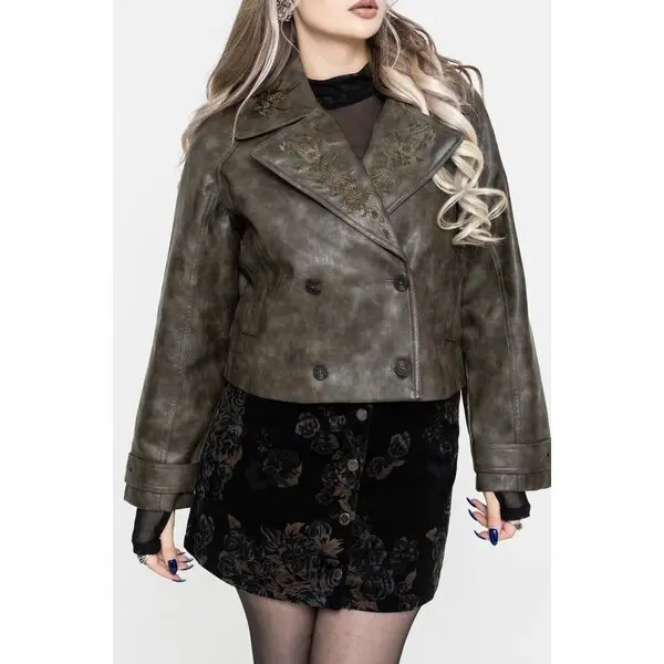 DISTURBIA Faux Leather Cropped Trench Jacket With Embroidery - Brown