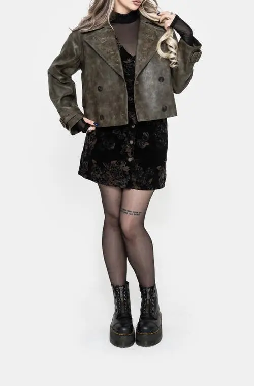 DISTURBIA Faux Leather Cropped Trench Jacket With Embroidery
