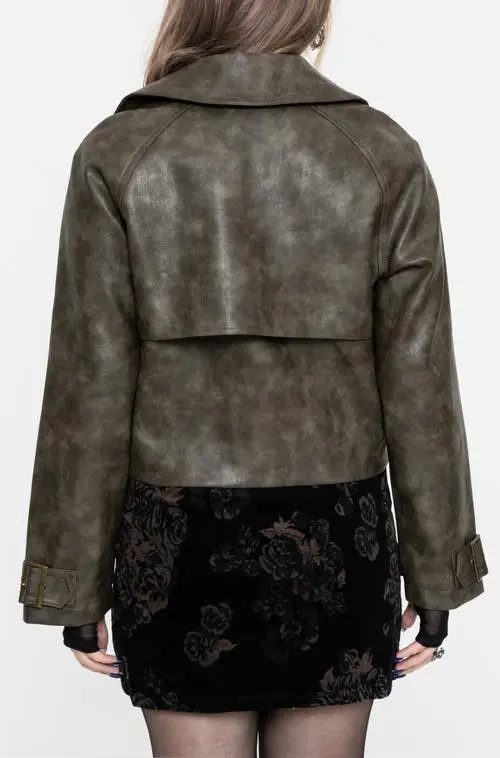 DISTURBIA Faux Leather Cropped Trench Jacket With Embroidery