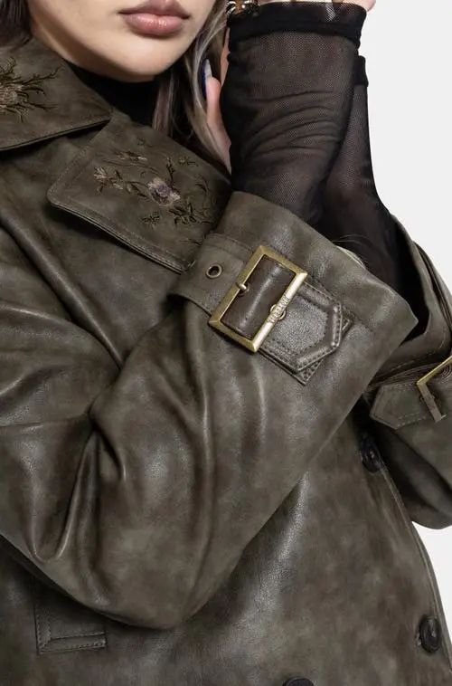 DISTURBIA Faux Leather Cropped Trench Jacket With Embroidery