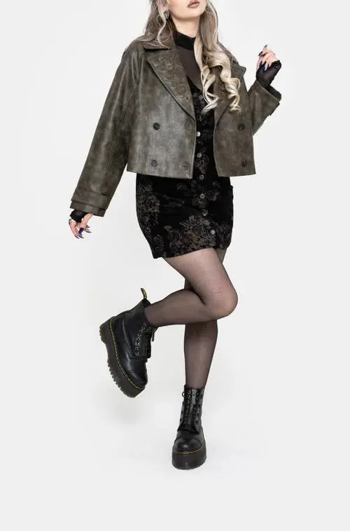 DISTURBIA Faux Leather Cropped Trench Jacket With Embroidery