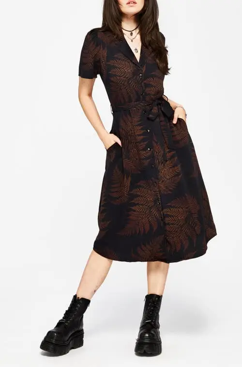 DISTURBIA Fern Print Midi Shirt Dress - Black