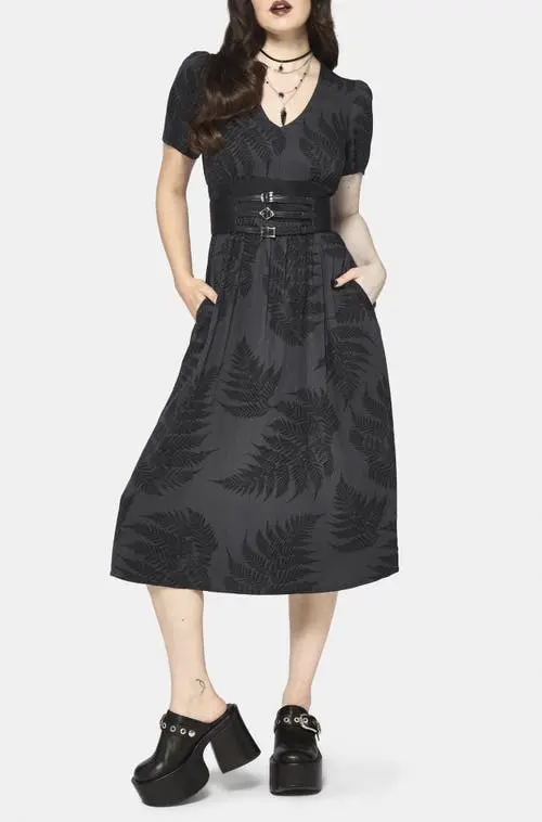 DISTURBIA Fern Print Midi Shirt Dress - Grey