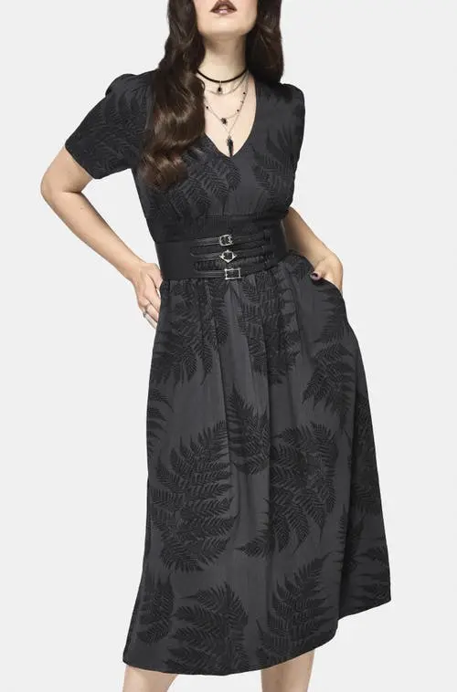 DISTURBIA Fern Print Midi Shirt Dress - Grey