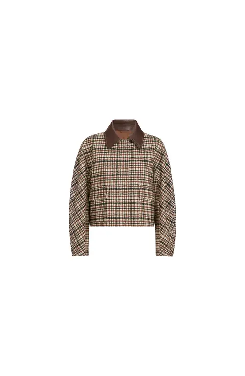 Brunello Cucinelli Comfort Checked Wool And Alpaca Outerwear Jacket With Leather Collar And Monili