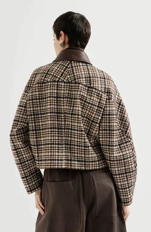 Brunello Cucinelli Comfort Checked Wool And Alpaca Outerwear Jacket With Leather Collar And Monili