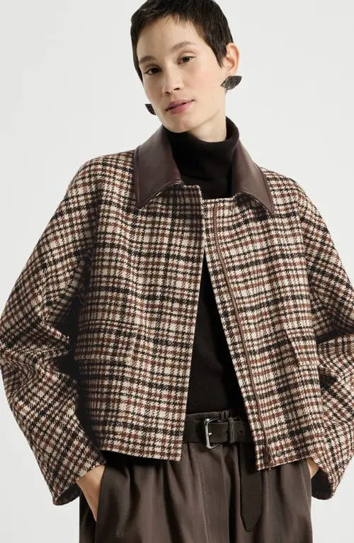 Brunello Cucinelli Comfort Checked Wool And Alpaca Outerwear Jacket With Leather Collar And Monili