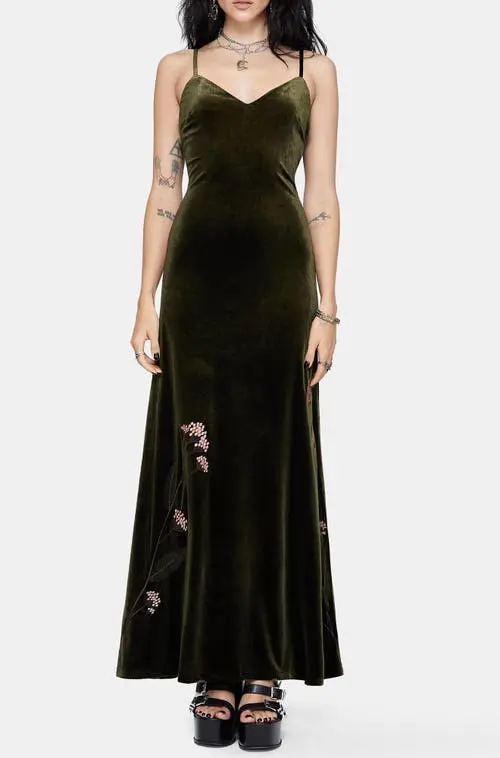 DISTURBIA Sleeveless Maxi Slip Gown With Floral Embroidery