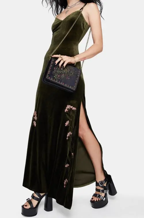 DISTURBIA Sleeveless Maxi Slip Gown With Floral Embroidery