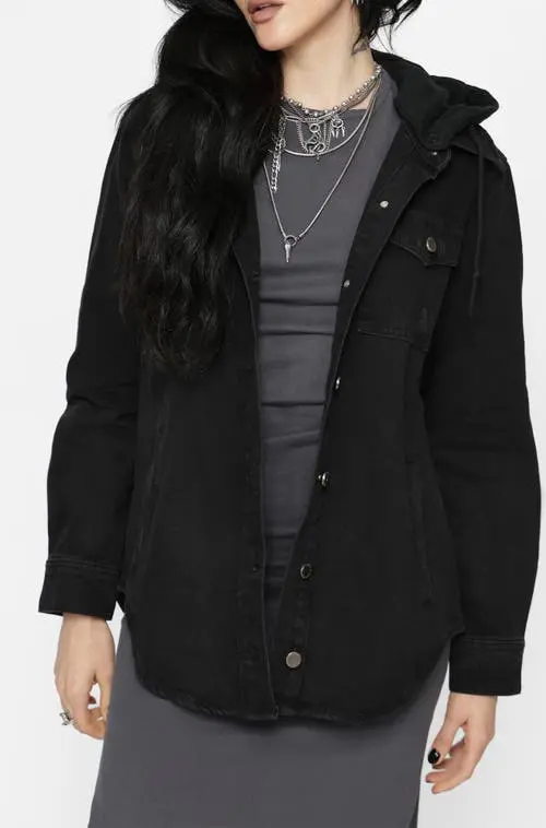 DISTURBIA Hooded Pocket Denim Shacket - Black