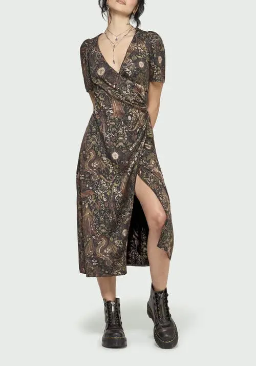 DISTURBIA Haunt Medieval Print Wrap Midi Dress