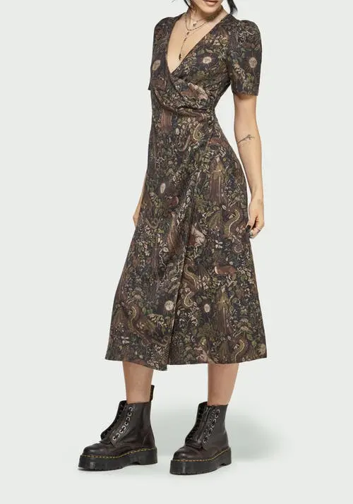 DISTURBIA Haunt Medieval Print Wrap Midi Dress