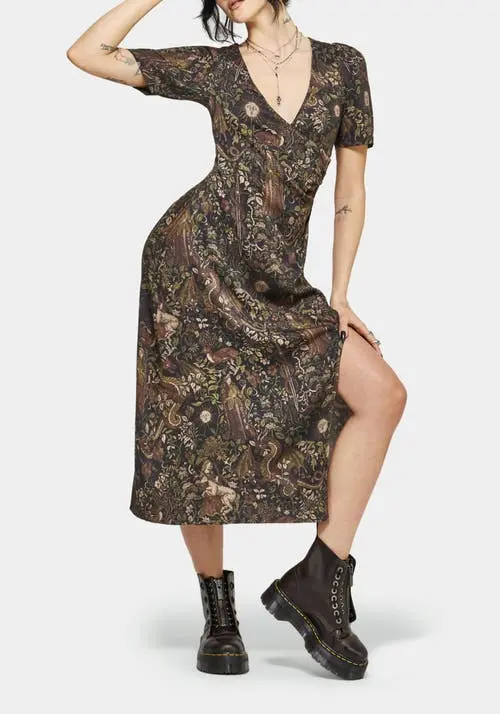 DISTURBIA Haunt Medieval Print Wrap Midi Dress