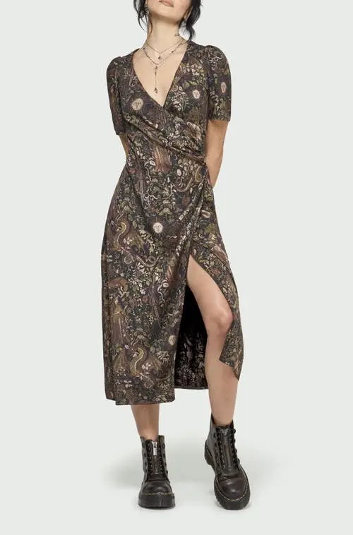 DISTURBIA Haunt Medieval Print Wrap Midi Dress - Brown