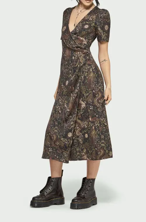 DISTURBIA Haunt Medieval Print Wrap Midi Dress