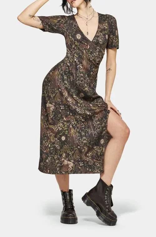 DISTURBIA Haunt Medieval Print Wrap Midi Dress