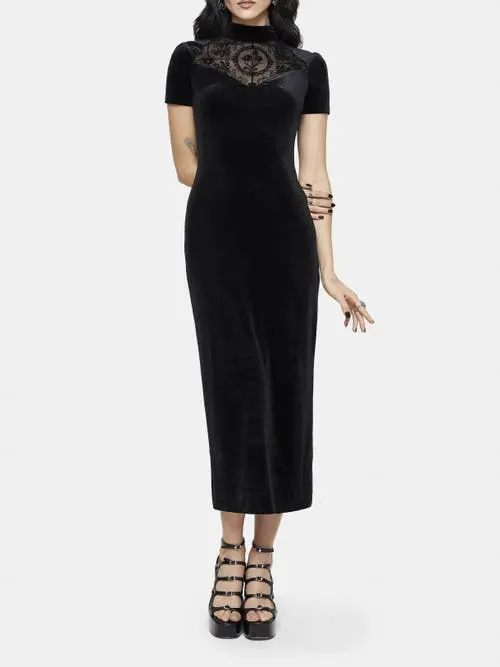 DISTURBIA Cameo Flocked Mesh Insert Midi Dress - Black