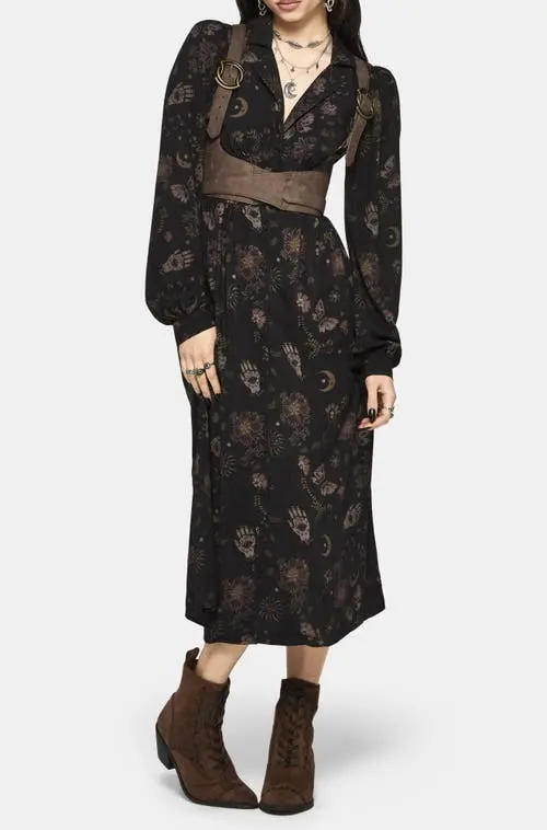DISTURBIA Folk Print Button-up Midi Dress