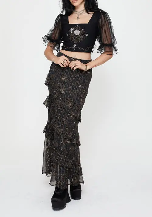DISTURBIA Astralis Stripe Ruffle Tiered Maxi Skirt