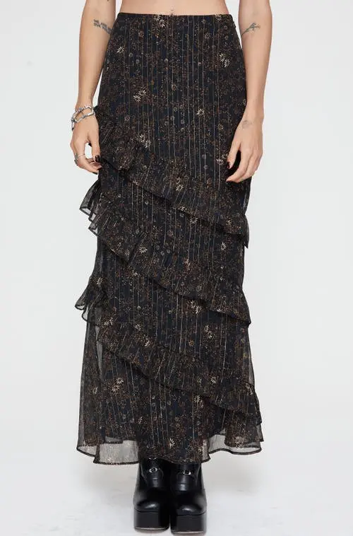 DISTURBIA Astralis Stripe Ruffle Tiered Maxi Skirt - Black