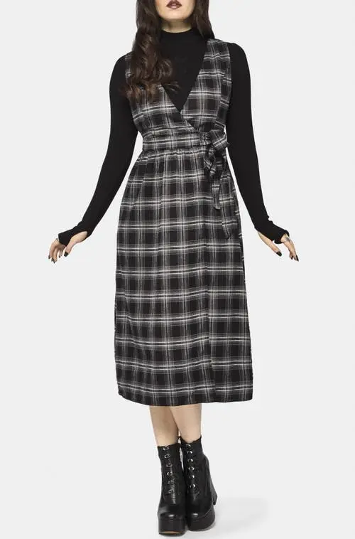 DISTURBIA Checked Wrap Pinafore Midi Dress - Black