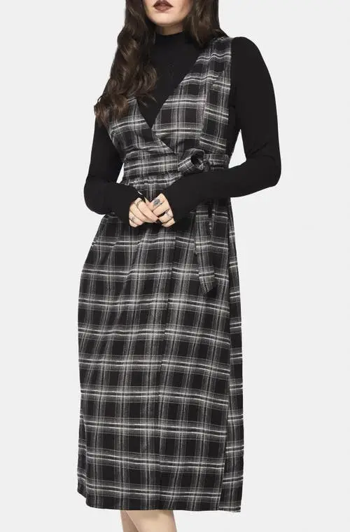 DISTURBIA Checked Wrap Pinafore Midi Dress