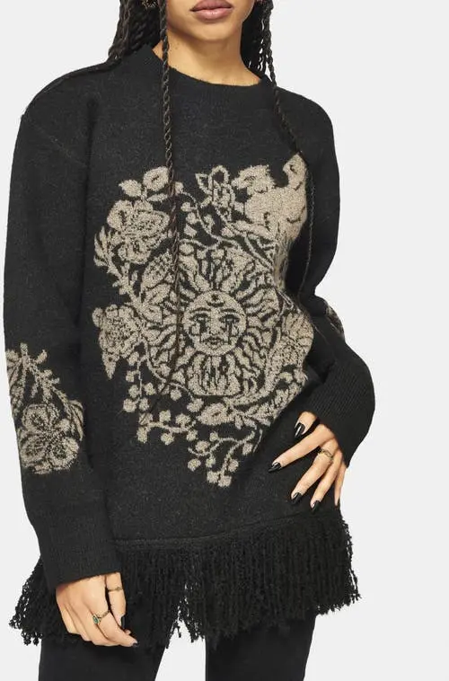 DISTURBIA Dia Jacquard Knit Sweater With Fringe Hem