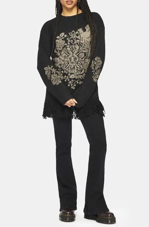 DISTURBIA Dia Jacquard Knit Sweater With Fringe Hem