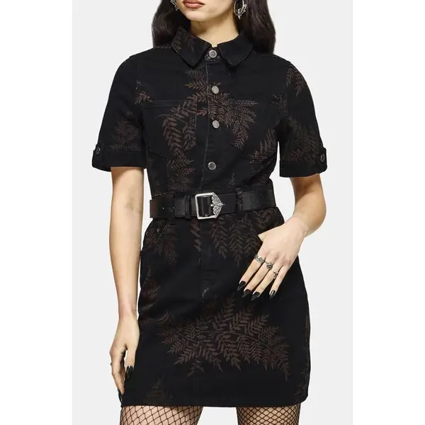 DISTURBIA Ruin Fern Printed Denim Mini Shirt Dress - Black