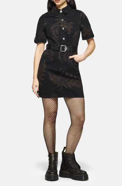 DISTURBIA Ruin Fern Printed Denim Mini Shirt Dress