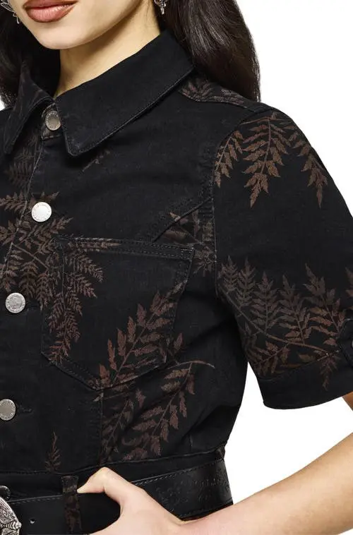DISTURBIA Ruin Fern Printed Denim Mini Shirt Dress