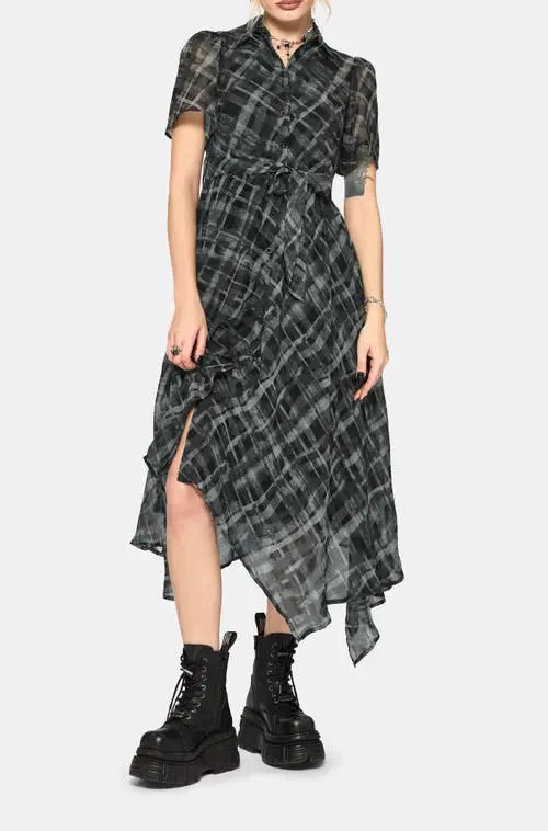 DISTURBIA Checked Midaxi Shirt Dress With Tie Waist And Asymmetrical Hem - Grey