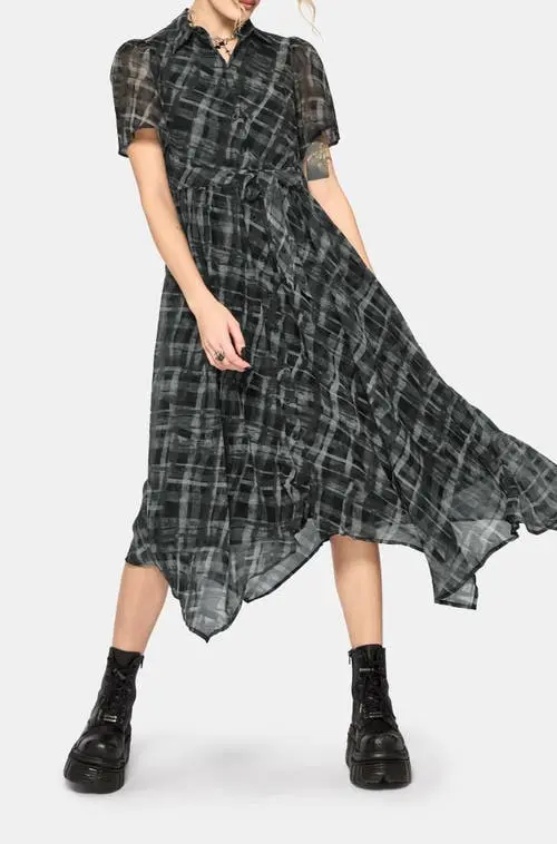 DISTURBIA Checked Midaxi Shirt Dress With Tie Waist And Asymmetrical Hem