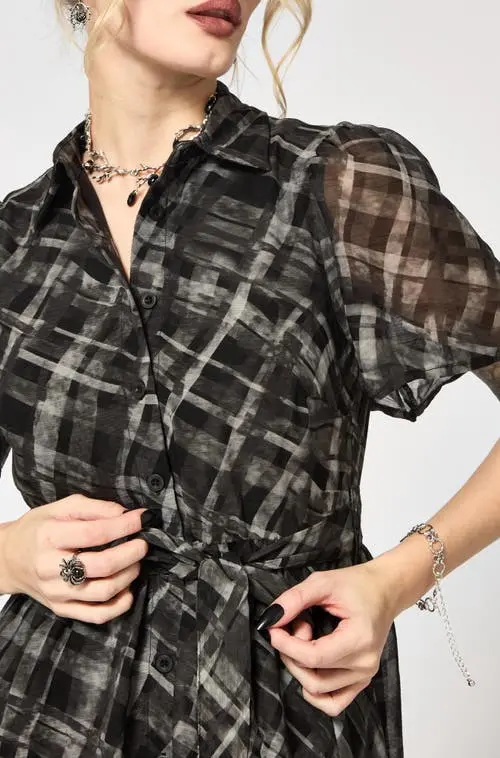 DISTURBIA Checked Midaxi Shirt Dress With Tie Waist And Asymmetrical Hem