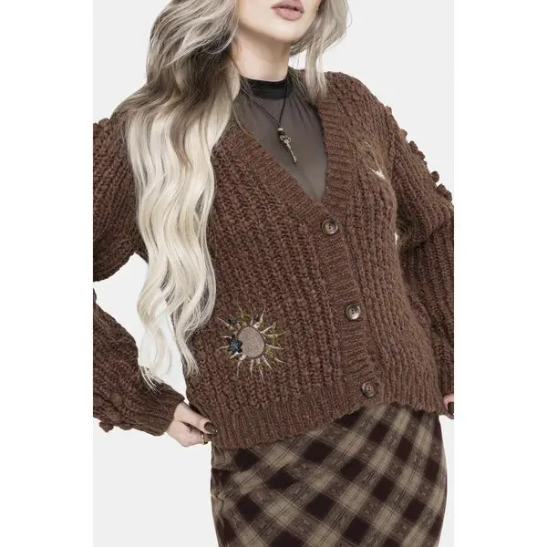 DISTURBIA Isla Chunky Embroidered Knit Cardigan - Brown