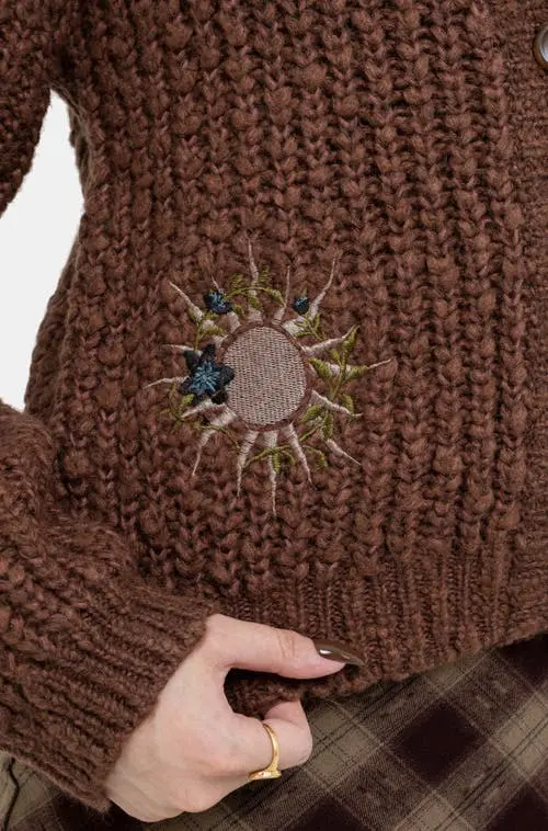 DISTURBIA Isla Chunky Embroidered Knit Cardigan