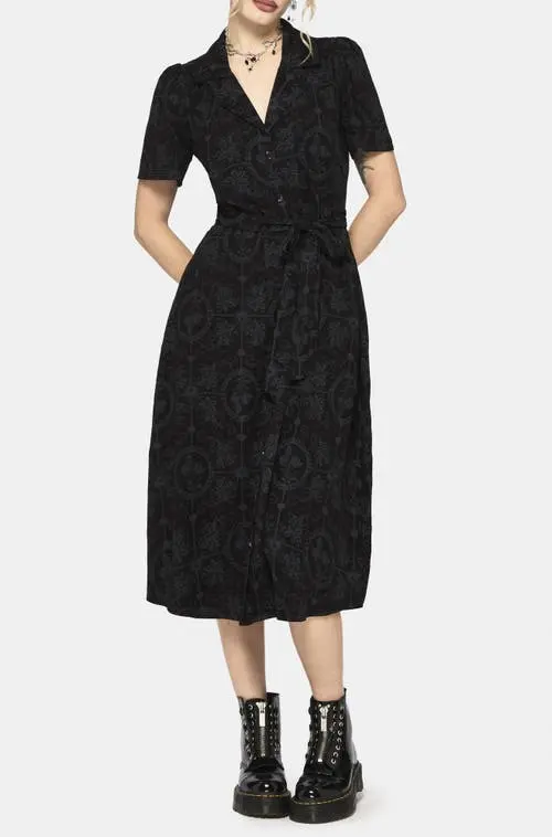 DISTURBIA Cameo Floral Tie Belt Midi Shirt Dress