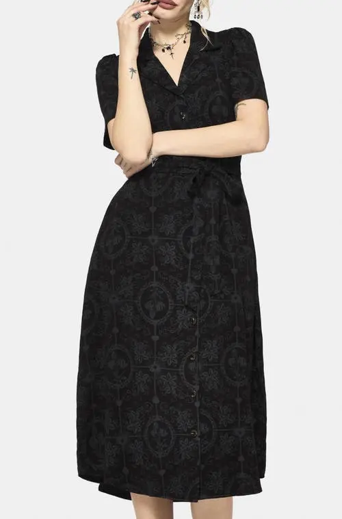 DISTURBIA Cameo Floral Tie Belt Midi Shirt Dress